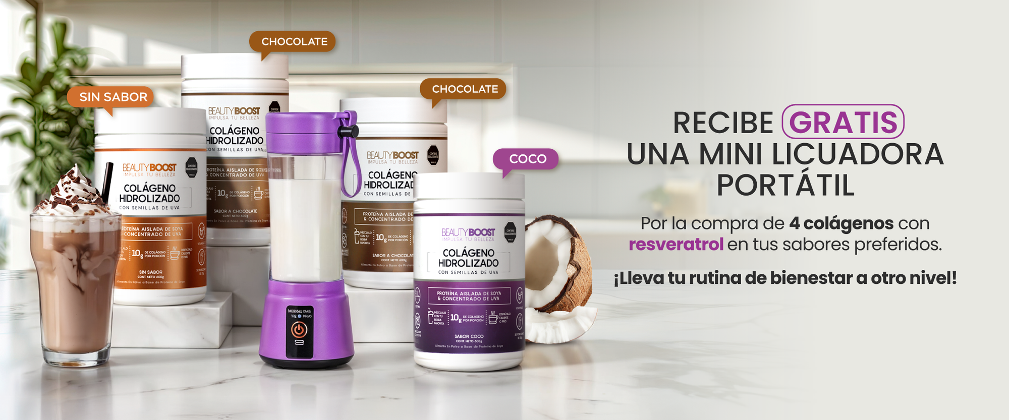 kit 4 colágenos con estevia (coco, sin sabor, 2 chocolate) + mini licu ...